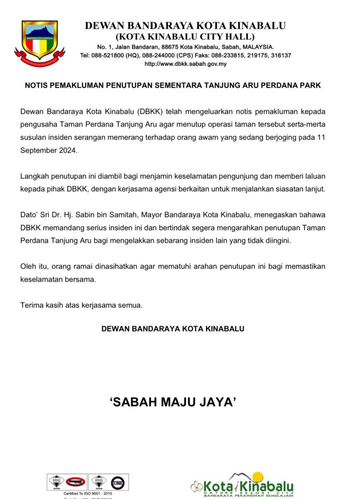 DBKK Tutup Sementara Tanjung Aru Perdana Park - Sabah Post